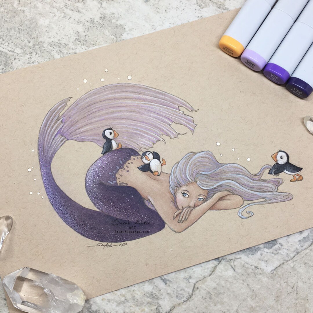 Puffin Art, Fantasy Mermaid Art Print, Mermaid Painting, Coastal Beach ...