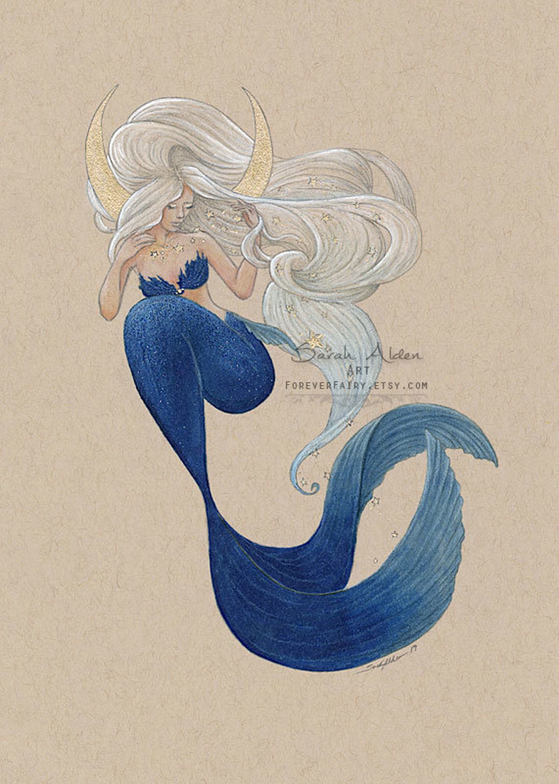 Crescent Moon Mermaid Print, Luna Little Mermaid Art, Celestial Mermay ...