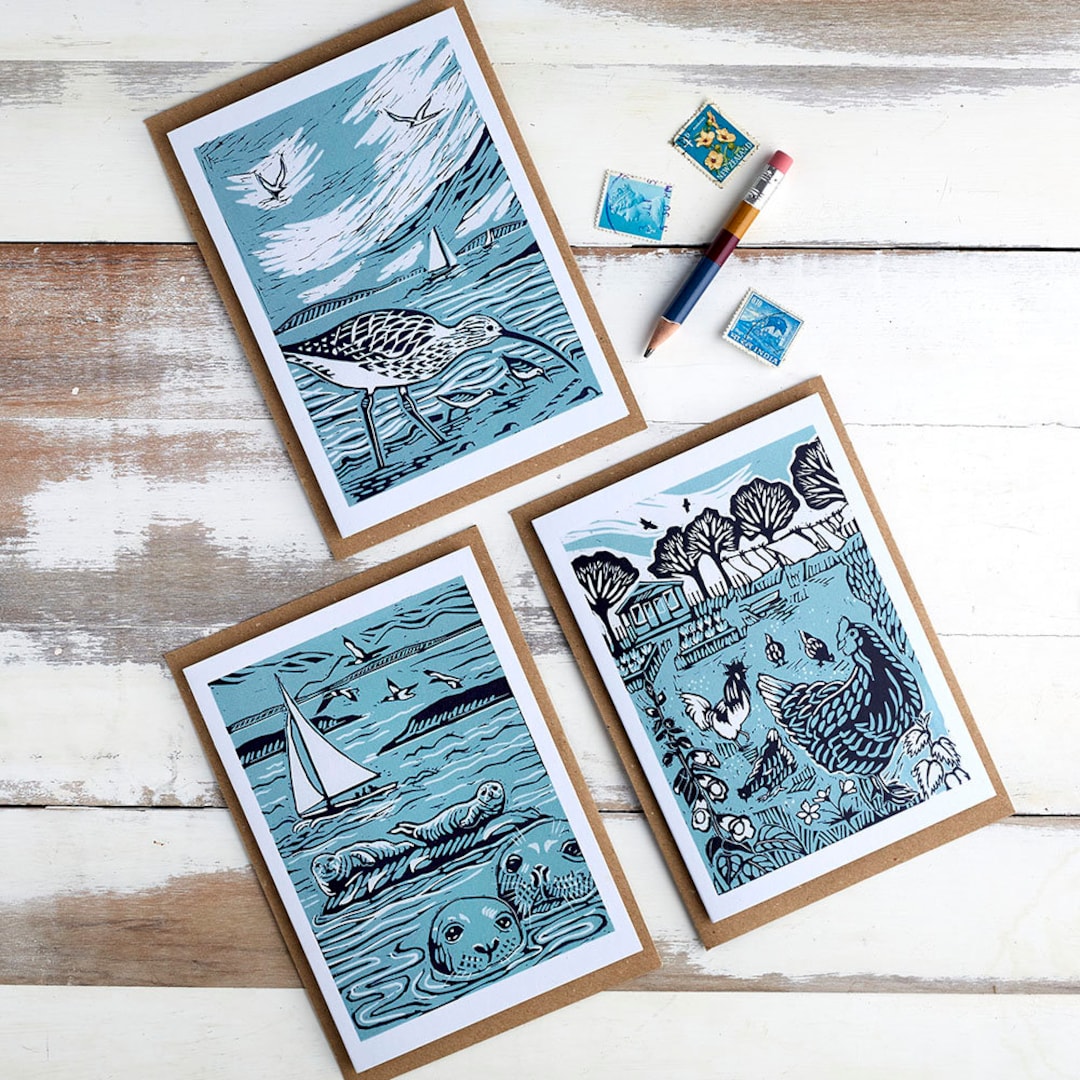 Curlew,seal,garden Notecards,pack of 6,linocut Cards,2 of Each Design ...
