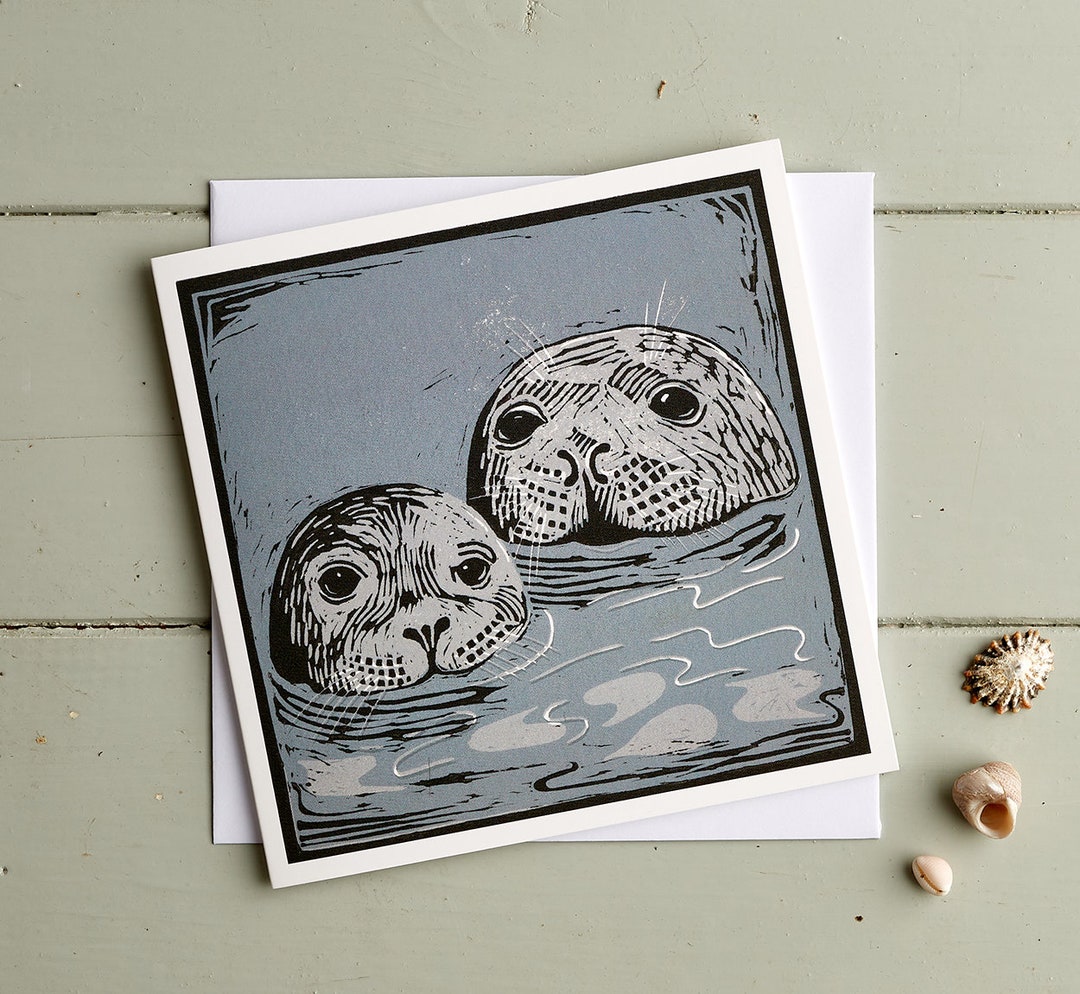 Seals Card,blank,linocut,greetings,art Card,card,seal With Pup,wildlife ...