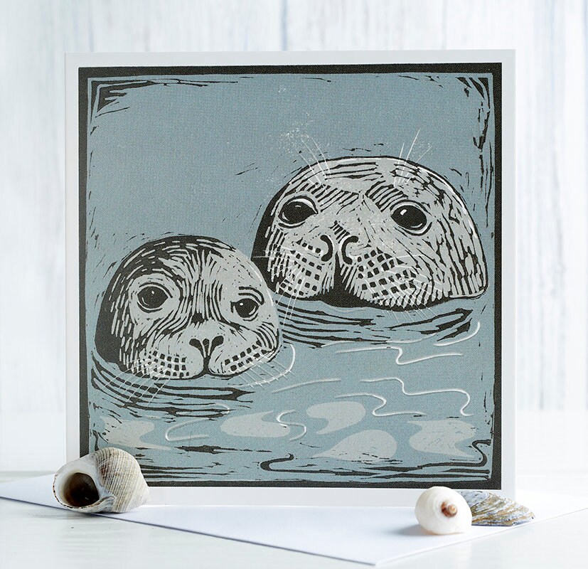 Seals Card,blank,linocut,greetings,art Card,card,seal With Pup,wildlife ...