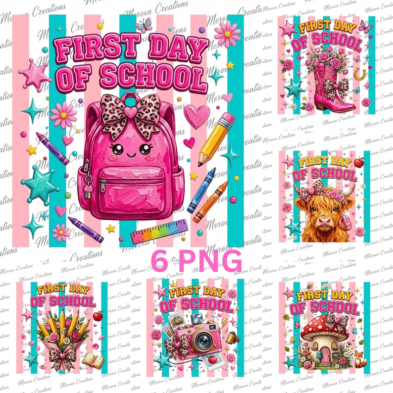 First Day of School PNG Bundle, Highland Cow, Backpack, Teacher Designs ...