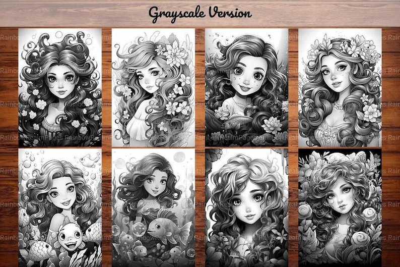 50 Anime Mermaid Grayscale Coloring Pages PDF, Fantasy Ocean Girls Book ...