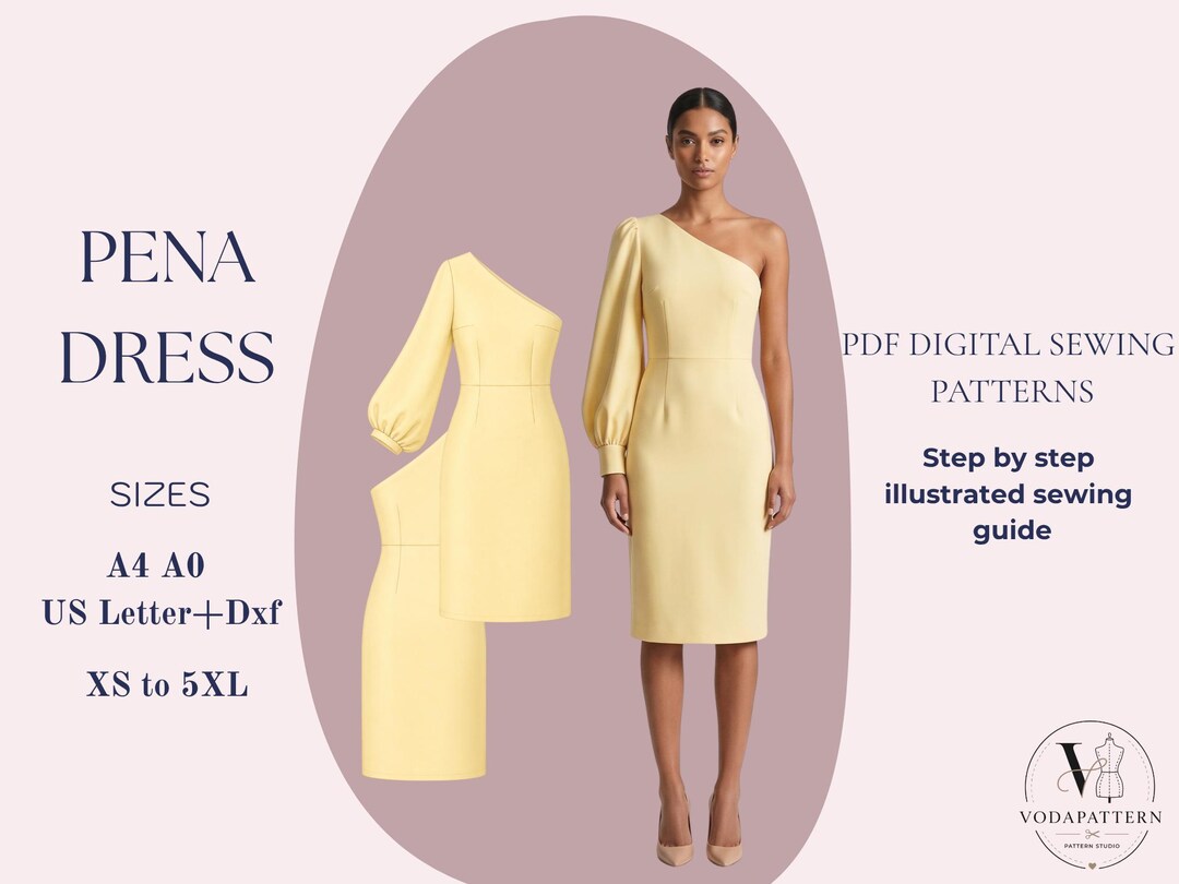 One Shoulder Dress Sewing Pattern PDF, Asymmetrical Midi Dress Pattern ...