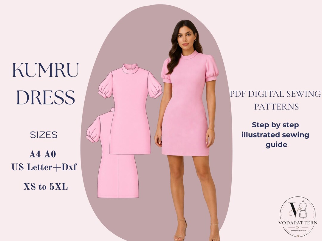 Puff Sleeve Mini Dress Sewing Pattern PDF, High Neck Shift Dress ...