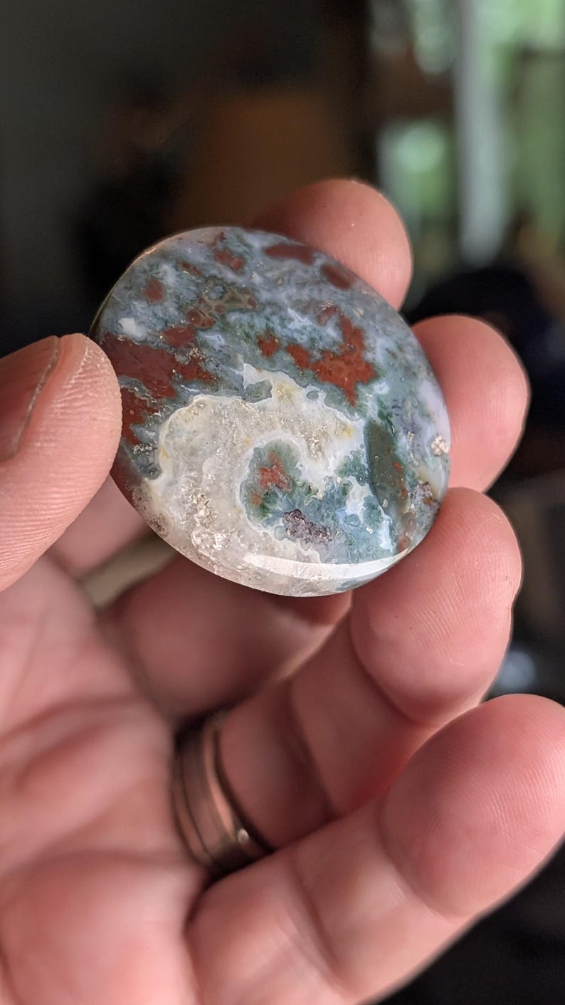 Stone Carved Moss Agate Circle Cabochon Carving Pocket Abundance Garden ...