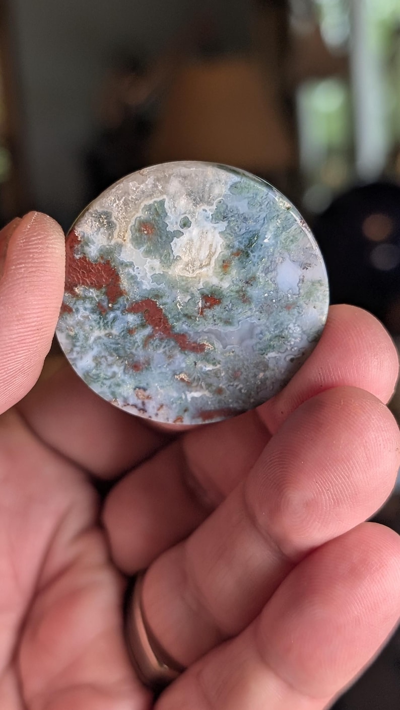 Stone Carved Moss Agate Circle Cabochon Carving Pocket Abundance Garden ...