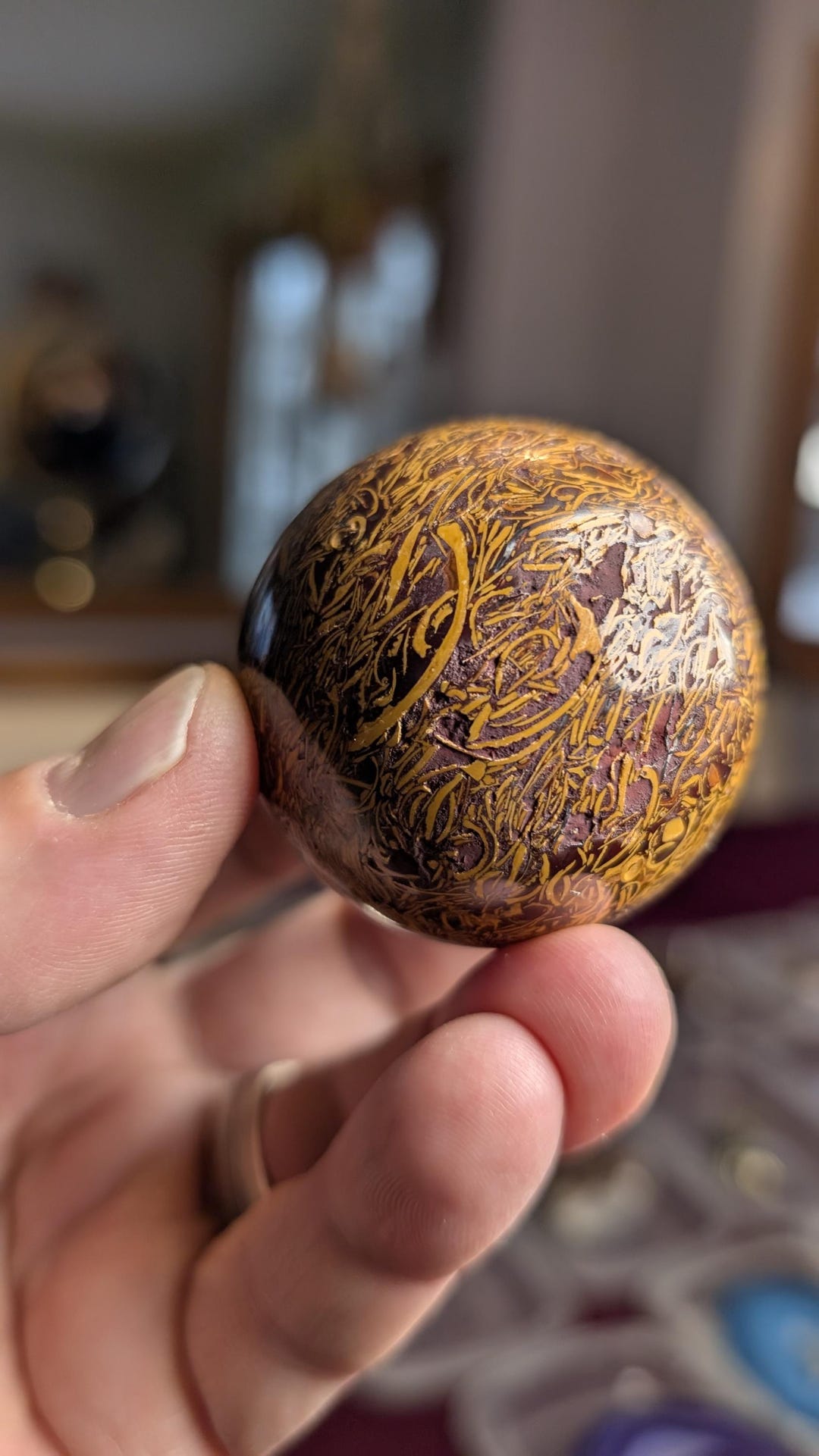Calligraphy Jasper Stone Carved Sphere Brown Scribbles Crystal Healing ...