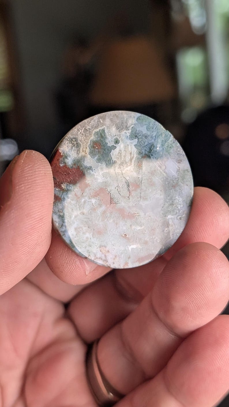 Stone Carved Moss Agate Circle Cabochon Carving Pocket Abundance Garden ...