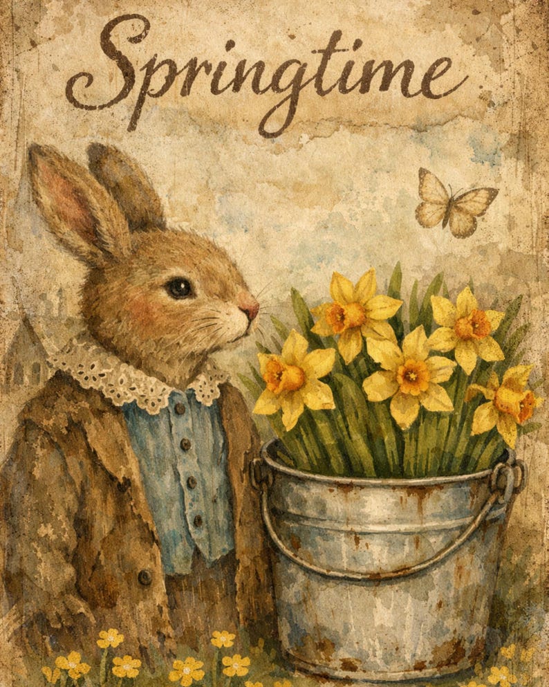 Vintage Spring Bunny Printable Wall Art Rustic Farmhouse Easter Decor ...