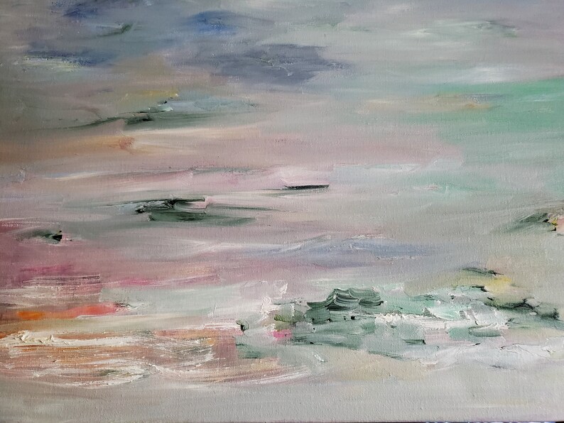 Lullaby Beach Waves Oceanscape Impressionism Oil Painting, Lavender ...
