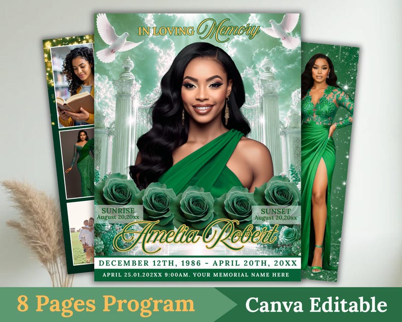 Green Roses Funeral Program Template, Editable Memorial Program, Gold ...
