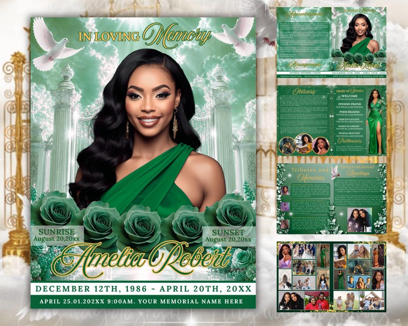 Green Roses Funeral Program Template, Editable Memorial Program, Gold ...