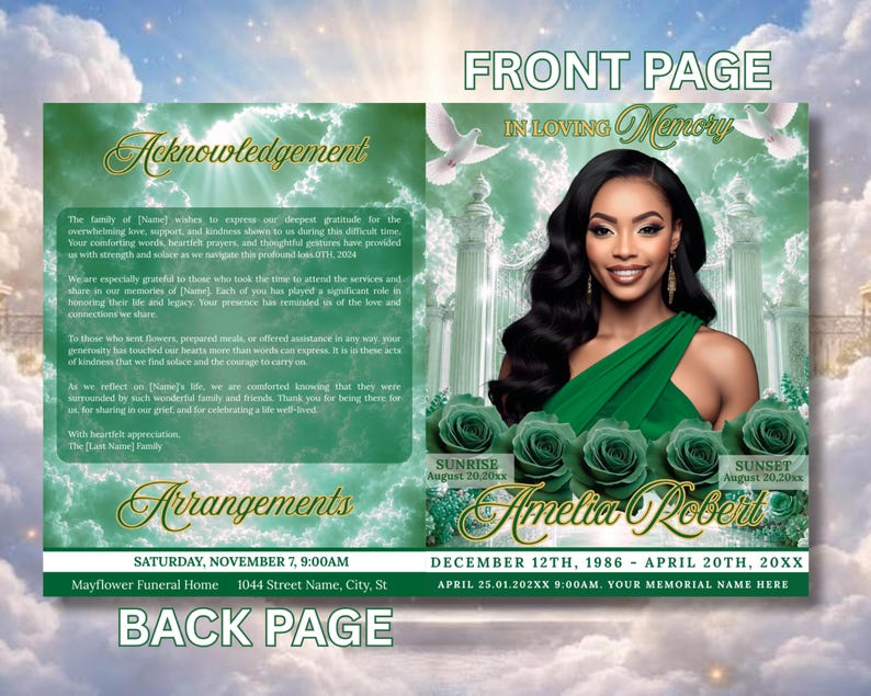 Green Roses Funeral Program Template, Editable Memorial Program, Gold ...