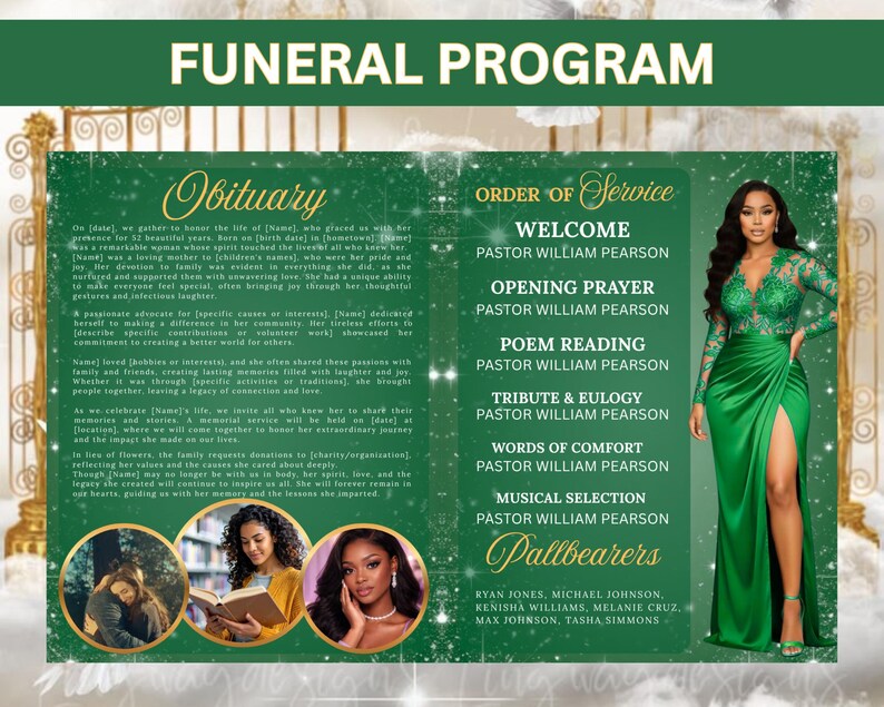 Green Roses Funeral Program Template, Editable Memorial Program, Gold ...