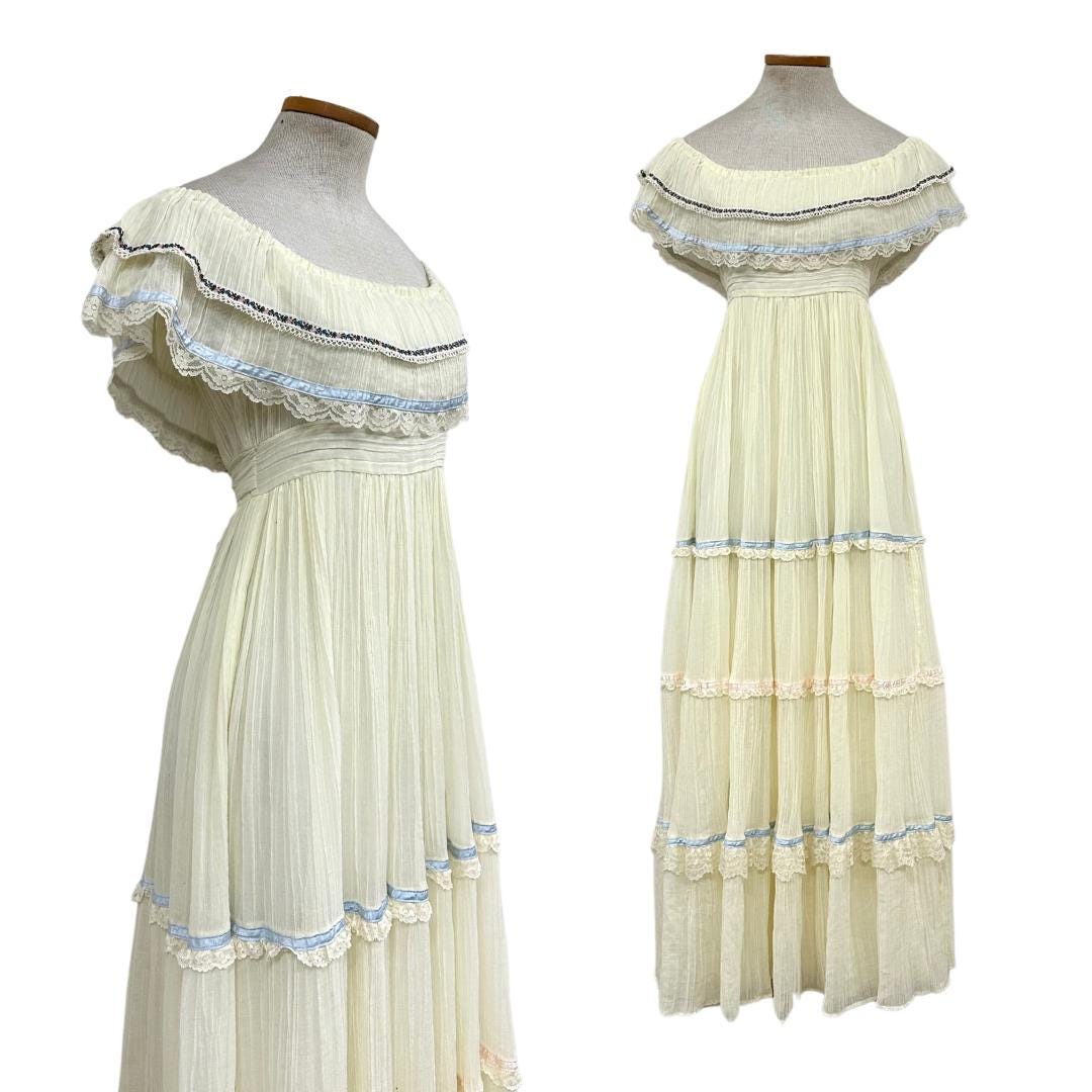 Vtg 70s 1970s Gunne Sax Designer Pink Blue Ribbon Bridal Cottage Ivory ...