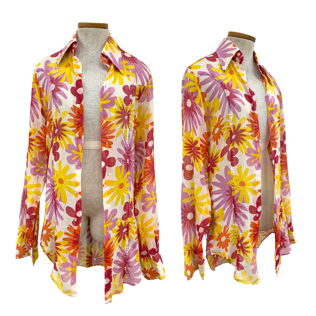 Vtg 70s Groovy Mod Floral Daisy Print Flower Power Woodstock Era Button ...