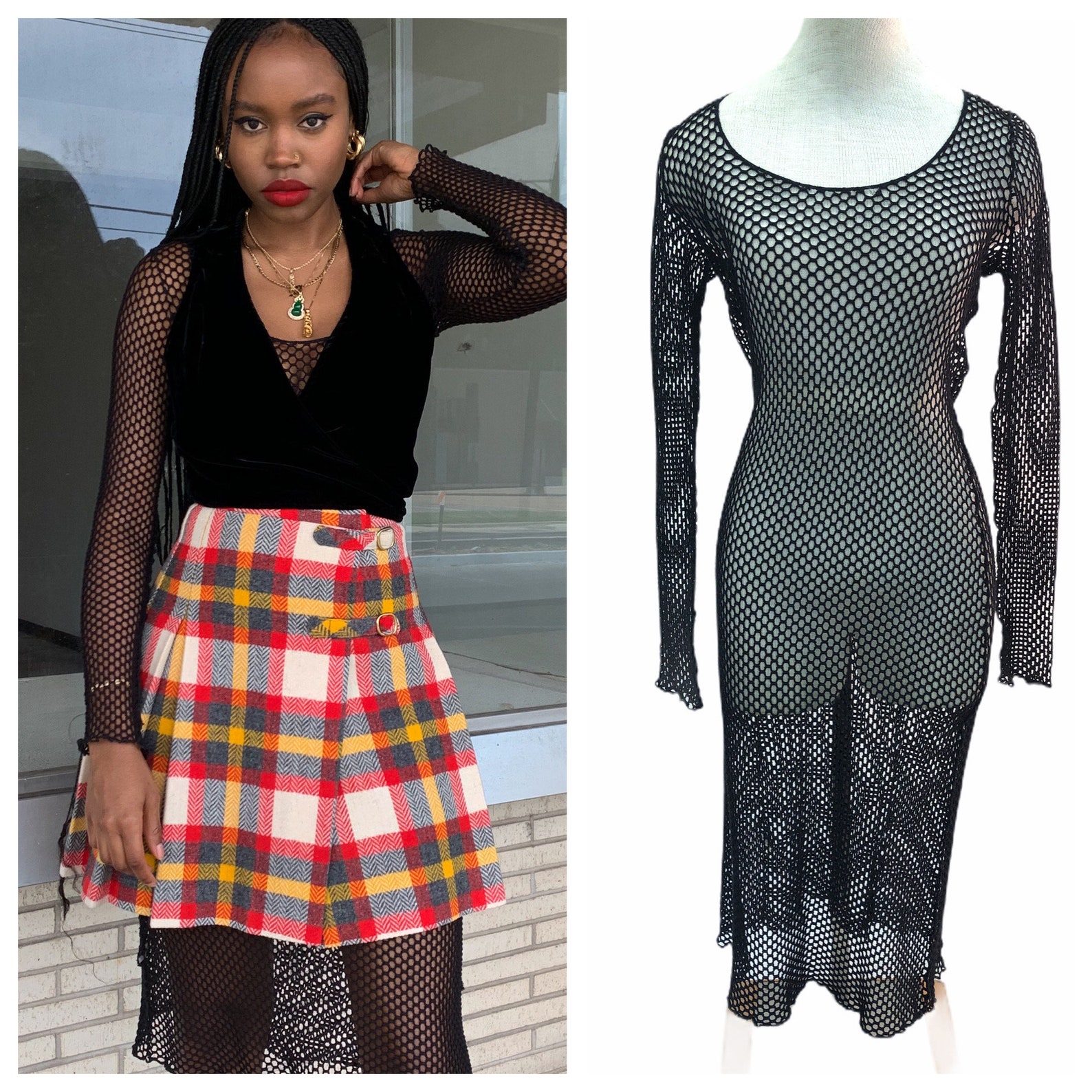 Vintage VTG 1980s 80s Black Mesh Fishnet Long Sleeve Midi | Etsy