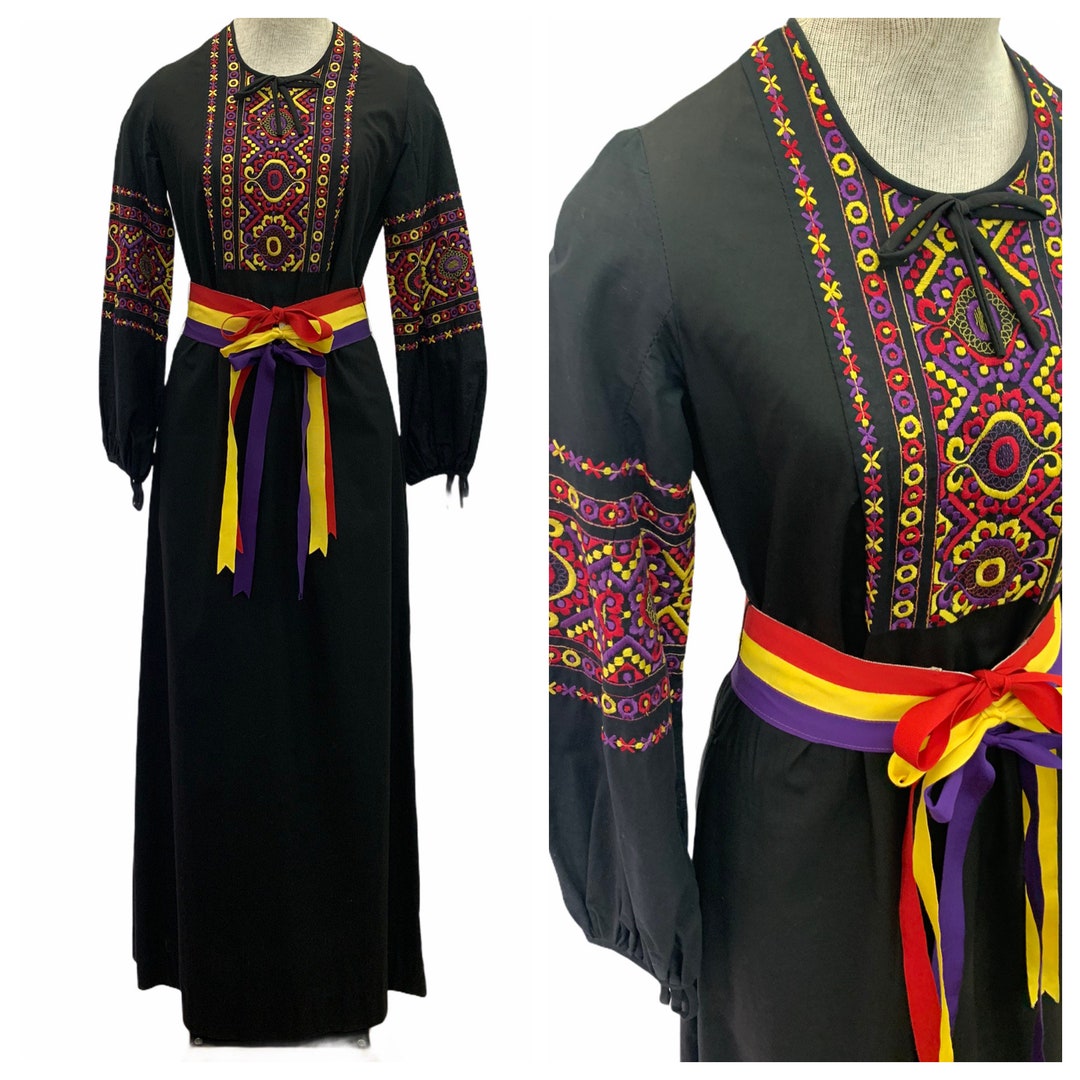 Vintage VTG 1960s 60s Simon Ellis Black Embroidered Balloon Sleeve Maxi ...