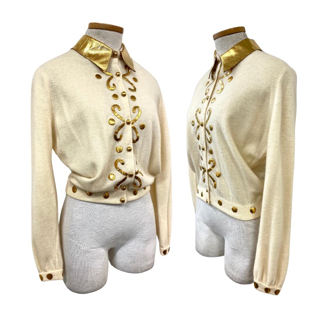 Vtg 50s Bombshell Pinup Rockabilly Gold Leather Appliqué Cream Cardigan ...