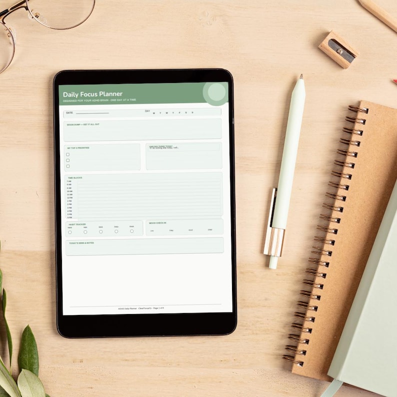 ADHD Daily Focus Planner | Sage Green Brain Dump Habit Tracker (instant ...