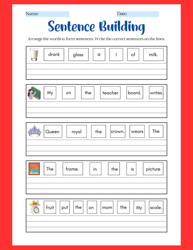 Sentence Building Worksheets, Grammar, Writing Practice (digital ...