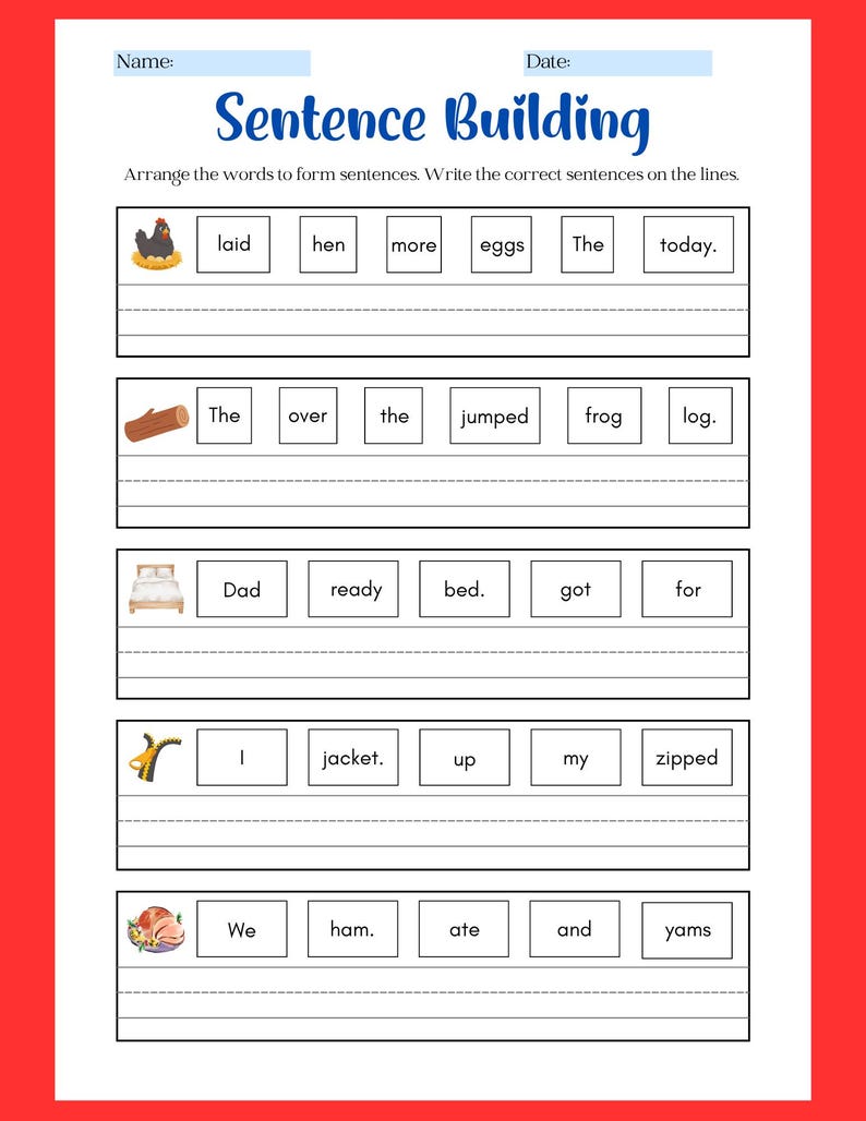 Sentence Building Worksheets, Grammar, Writing Practice (digital ...