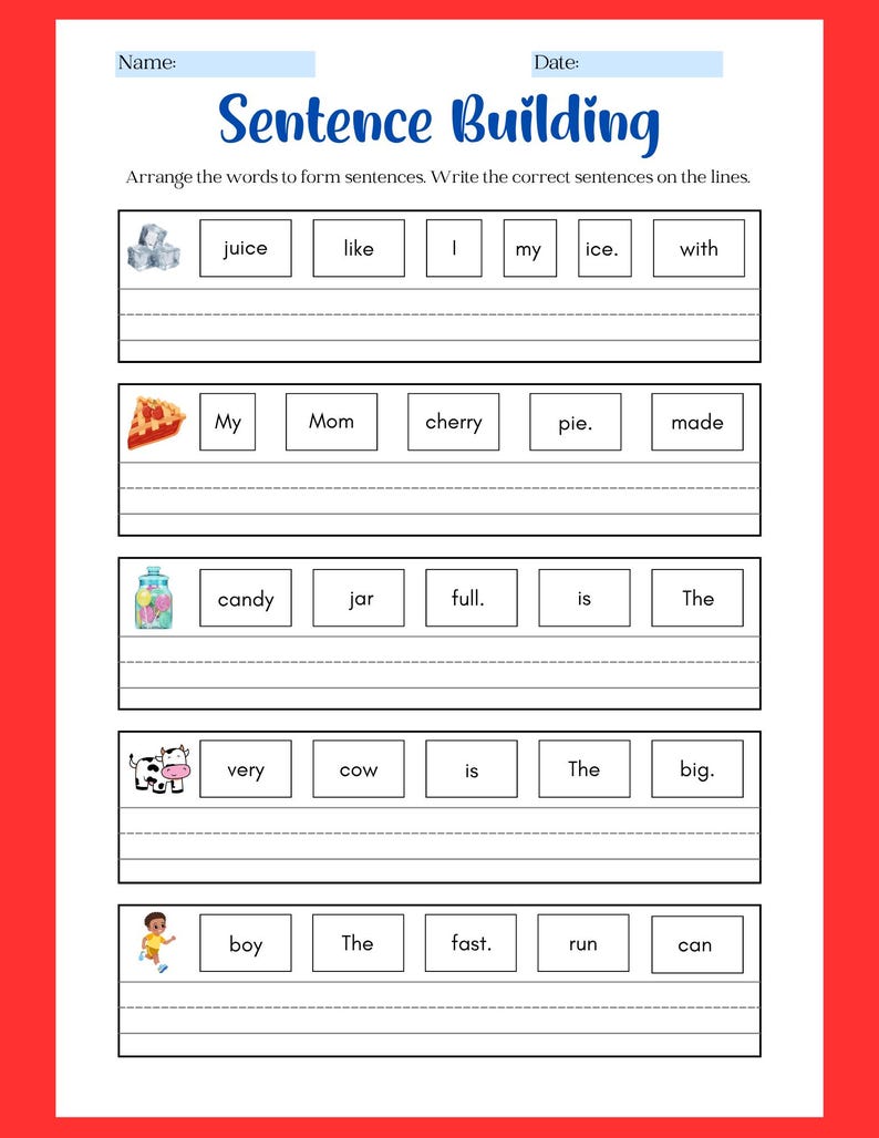 Sentence Building Worksheets, Grammar, Writing Practice (digital ...