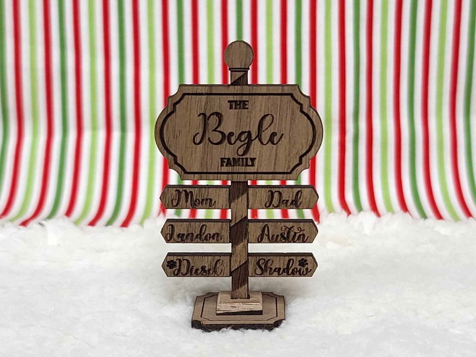 Family Christmas Village Sign, Custom Engraved Wooden Family Names Sign ...