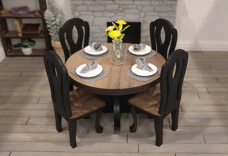 Miniature Round Dining Table and Chairs - Walnut/black, Dollhouse ...