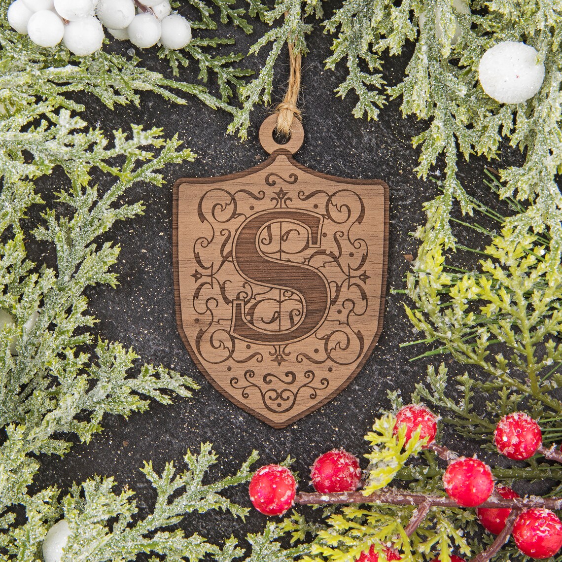 Mini Medieval Shield Christmas Ornament With Initial - Engraved Wood ...