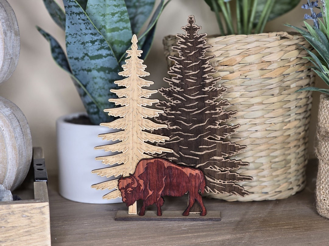 Bison and Pine Trees Shelf Display, Natural Wood Shelf Display ...