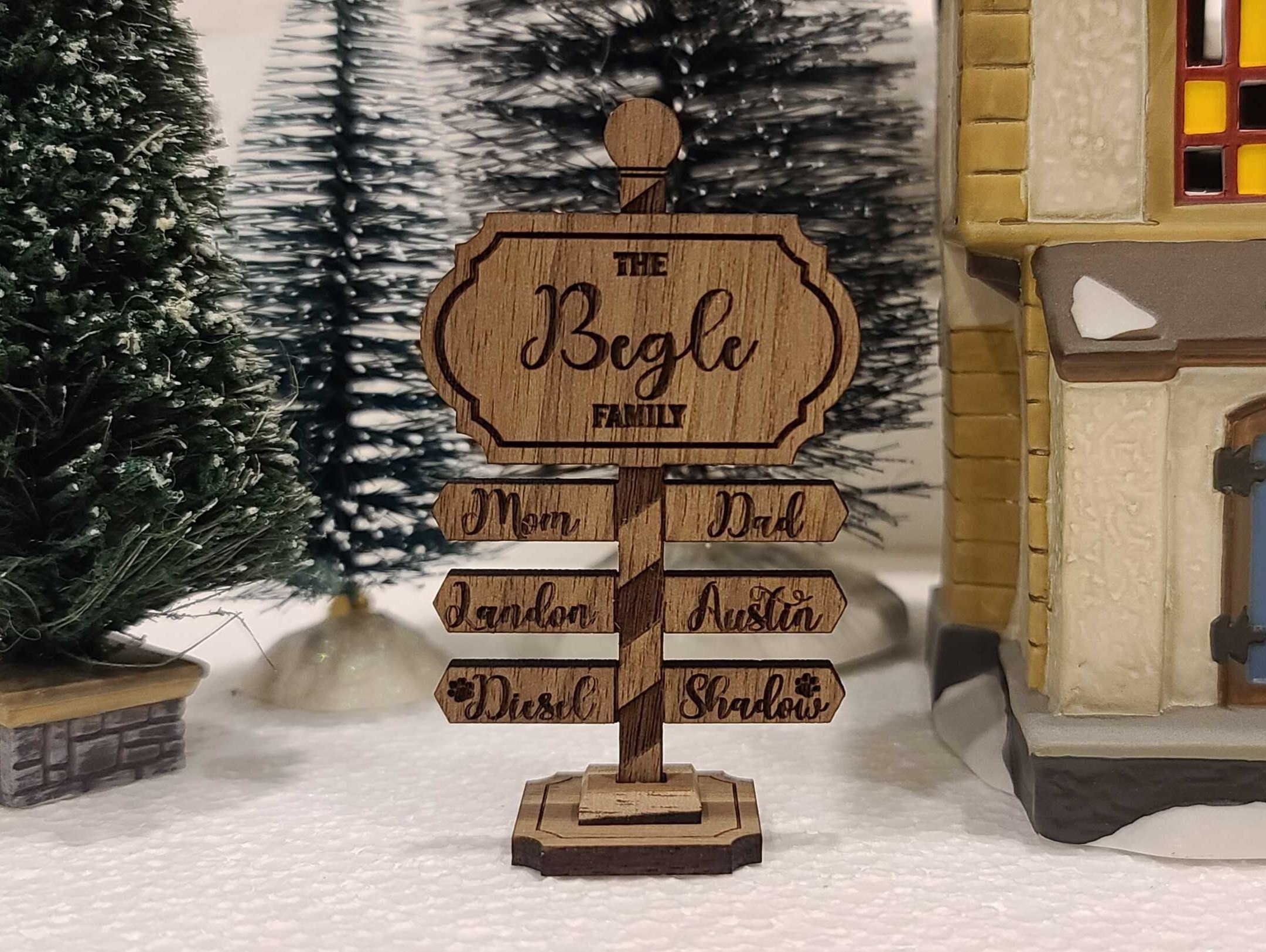 Family Christmas Village Sign, Custom Engraved Wooden Family Names Sign ...