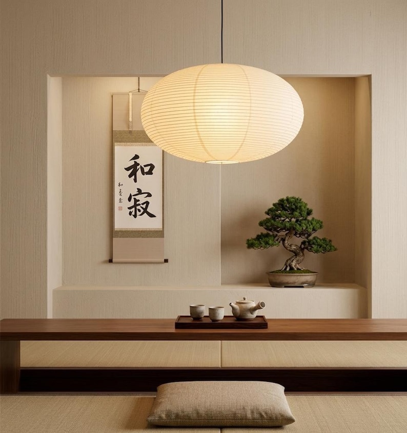 Large Japanese Paper Pendant Light 60cm – Wabi Sabi Oval Lamp Shade ...