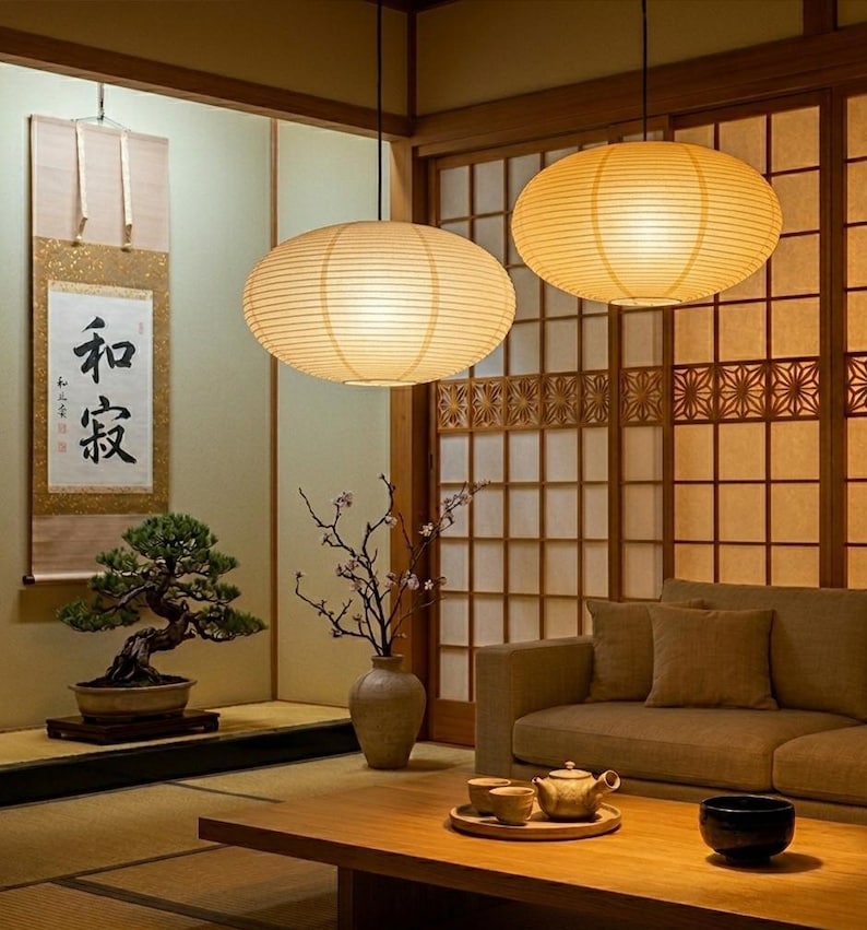 Large Japanese Paper Pendant Light 60cm – Wabi Sabi Oval Lamp Shade ...