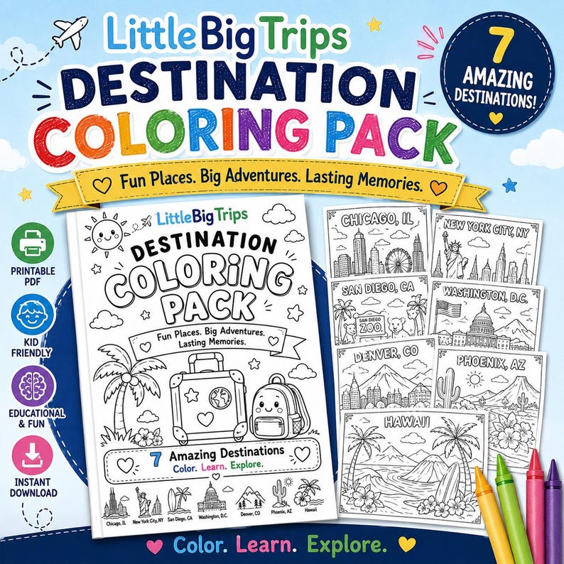 Kids Travel Coloring Pages | 7 Destinations Printable Activity Pack ...