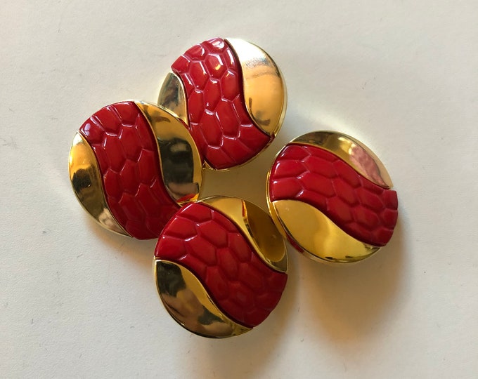 Gold and Red Buttons Large 1 1/8" Set of Four Plastic and Metal With ...