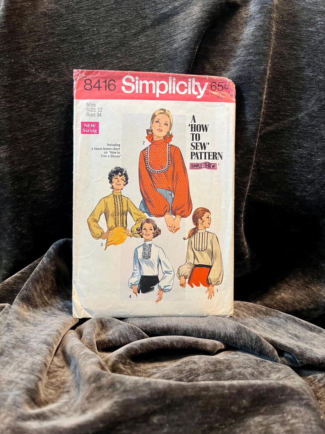 Simplicity 8416 Vintage Sewing Pattern Size 12 Long Sleeve Blouse or ...