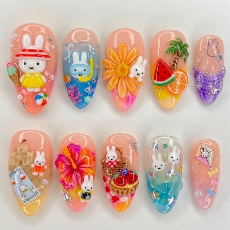 Hand-painted Kawaii Bunny Summer Press on Nails | 3D Beach Fruit Almond ...