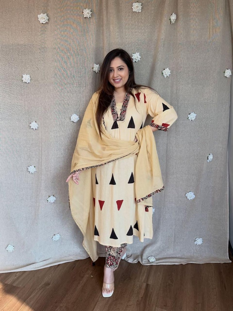 Jaipuri Cotton Ajrakh Print Suit Set | Kalamkari Neck Work Dupatta - Etsy