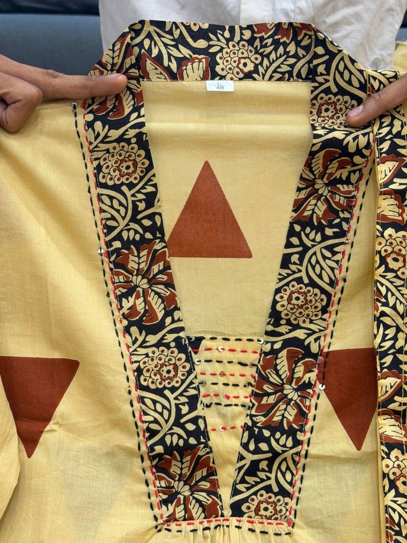 Jaipuri Cotton Ajrakh Print Suit Set | Kalamkari Neck Work Dupatta - Etsy