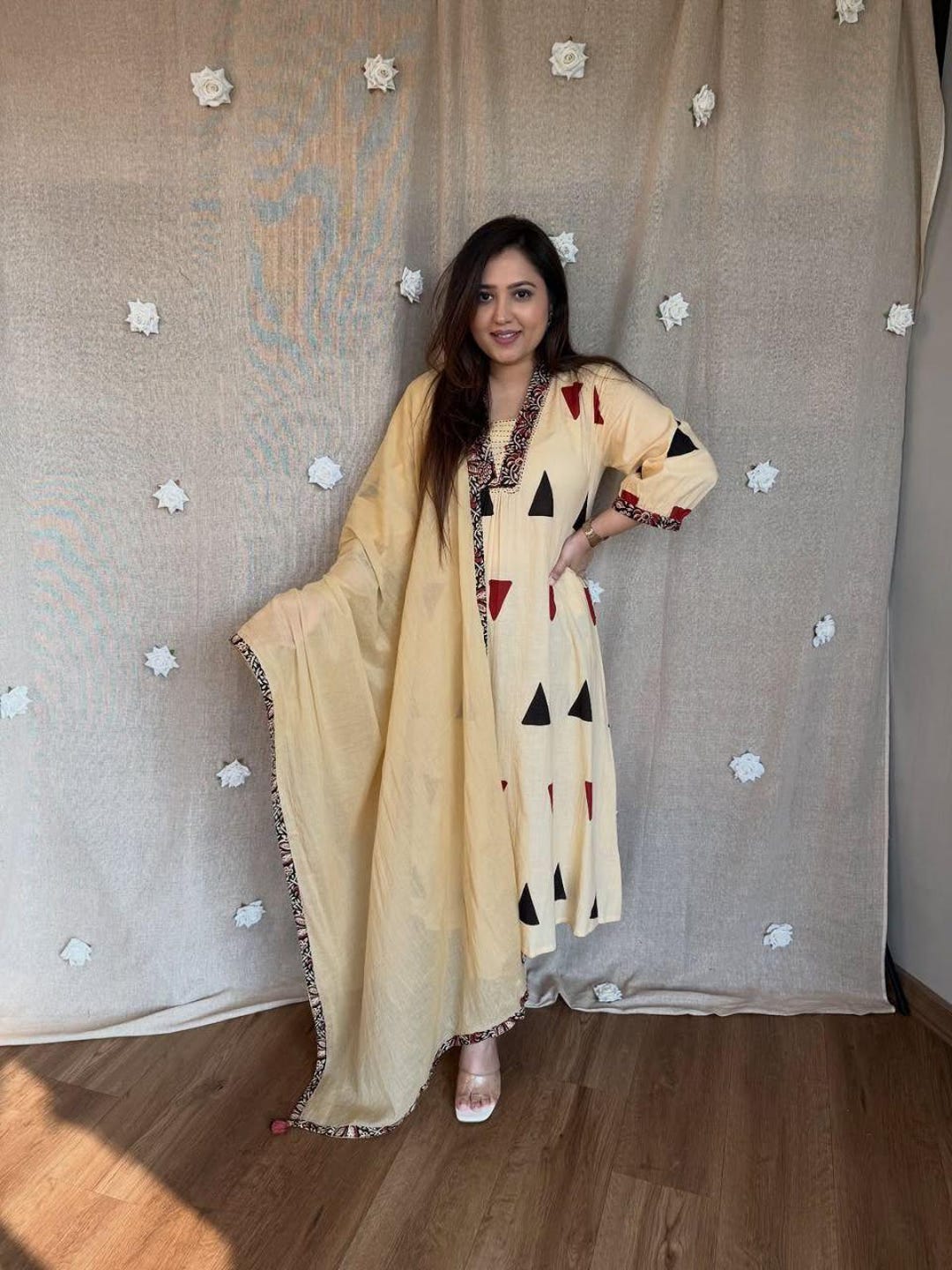 Jaipuri Cotton Ajrakh Print Suit Set | Kalamkari Neck Work Dupatta - Etsy