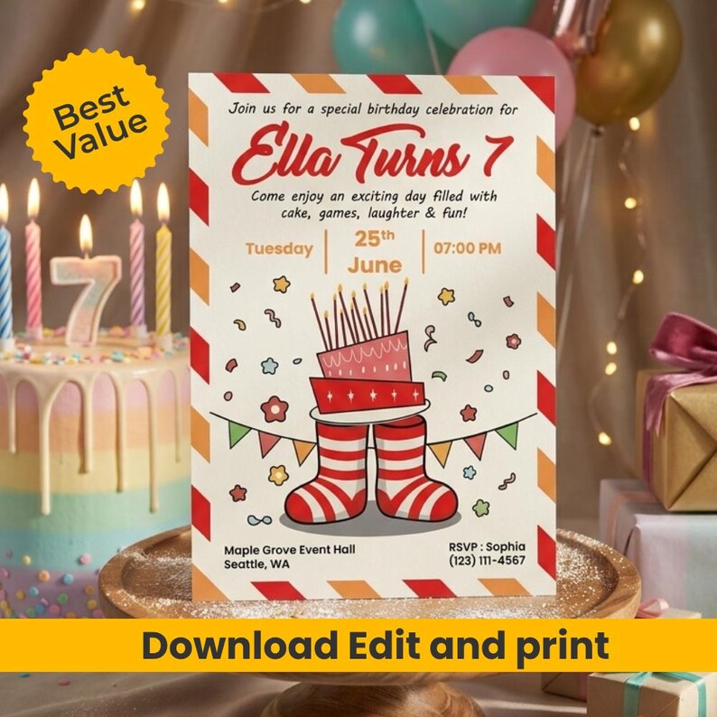 Editable Birthday Invitation Template, Quirky Cake Socks Design (PDF ...
