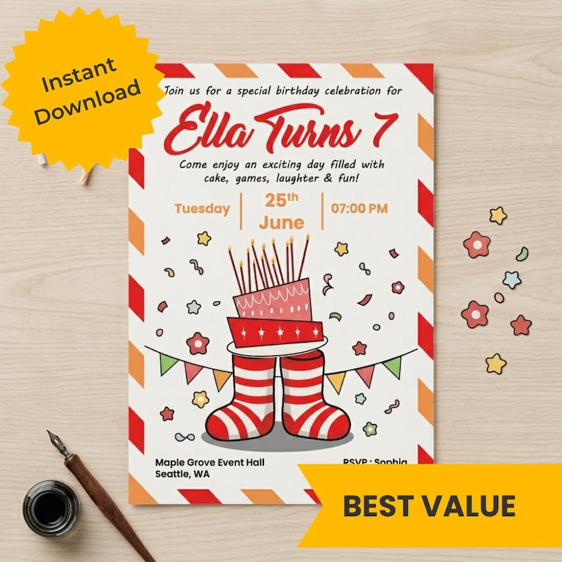 Editable Birthday Invitation Template, Quirky Cake Socks Design (PDF ...