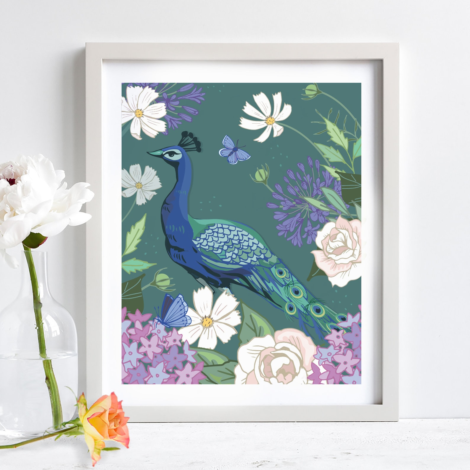 Peacock and Floral Illustration Print Botanical Wildlife Wall - Etsy