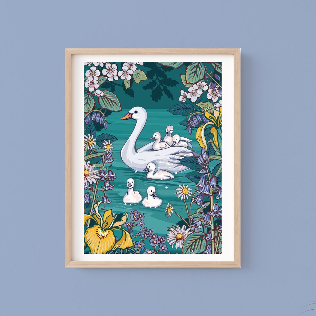 Swan and Signets Art Print: Bluebells Illustration, Signed A4 Print - Etsy