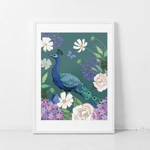 Peacock and Floral Illustration Print, Botanical Wildlife Wall Art - Etsy