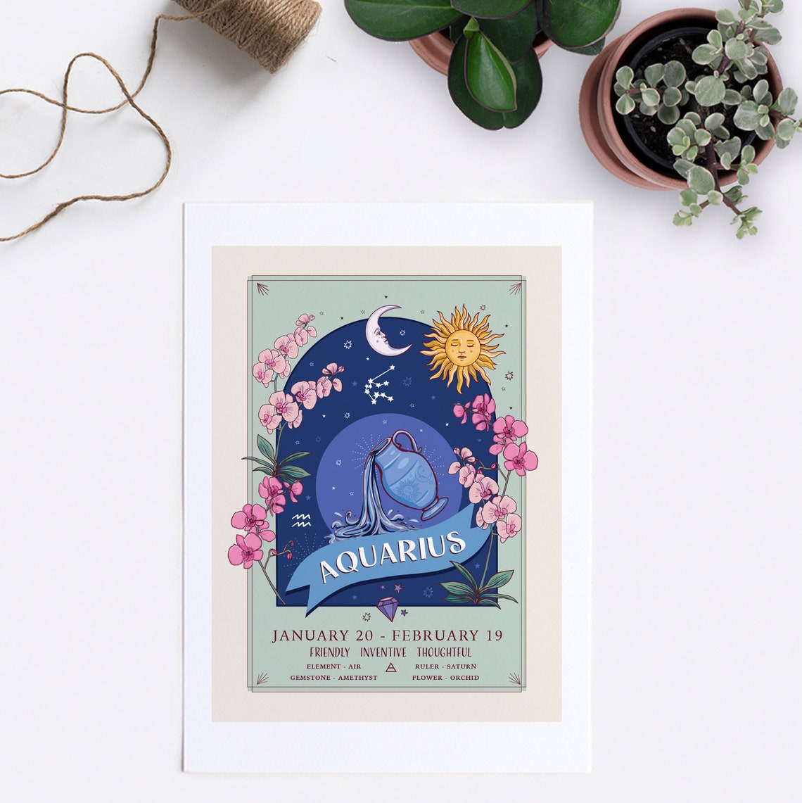 Aquarius Wall Art Print Zodiac Sign and Flowers Illustration - Etsy