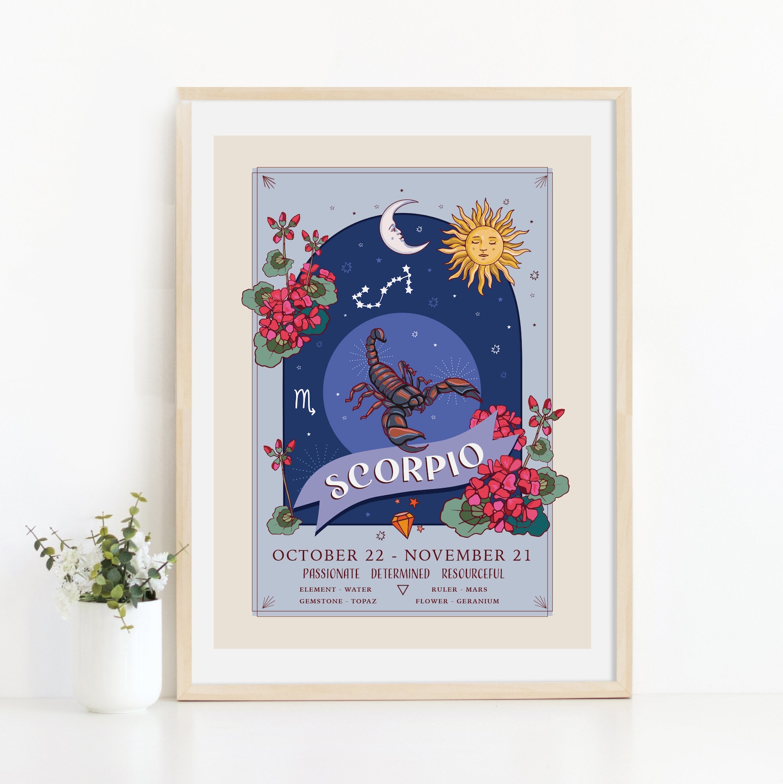 Scorpio Wall Art Print, Zodiac Sign and Flowers Illustration Print - Etsy