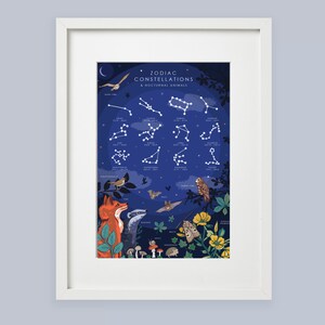 Zodiac Constellations Print, Nocturnal Animals and Astrology Guide Wall ...